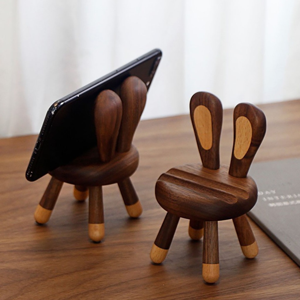 Cute Rabbit Wooden Phone Stand Black Walnut Bunny Design Mobile Holder ...