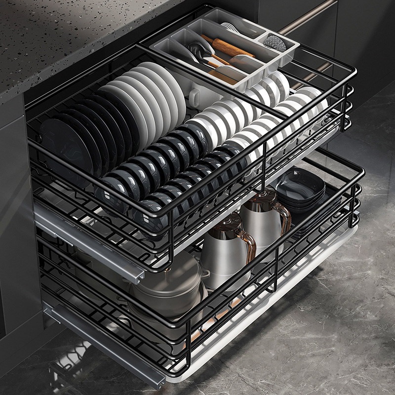 2-Tier Pull Out Cabinet Organizer,Black Stainless steel Full Slide Out ...