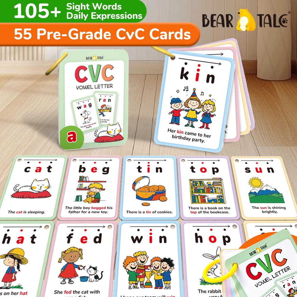 BEAR TALE 55Pcs CVC Words Flash Cards Kids Educational Sight Words ...