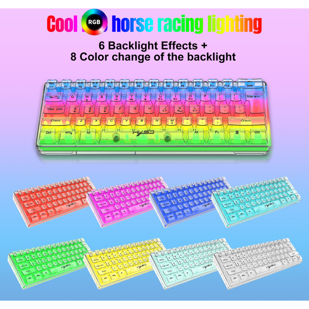 Full Transparent Gaming Keyboard V700 61-Key Wired Membrane RGB Backlit ...