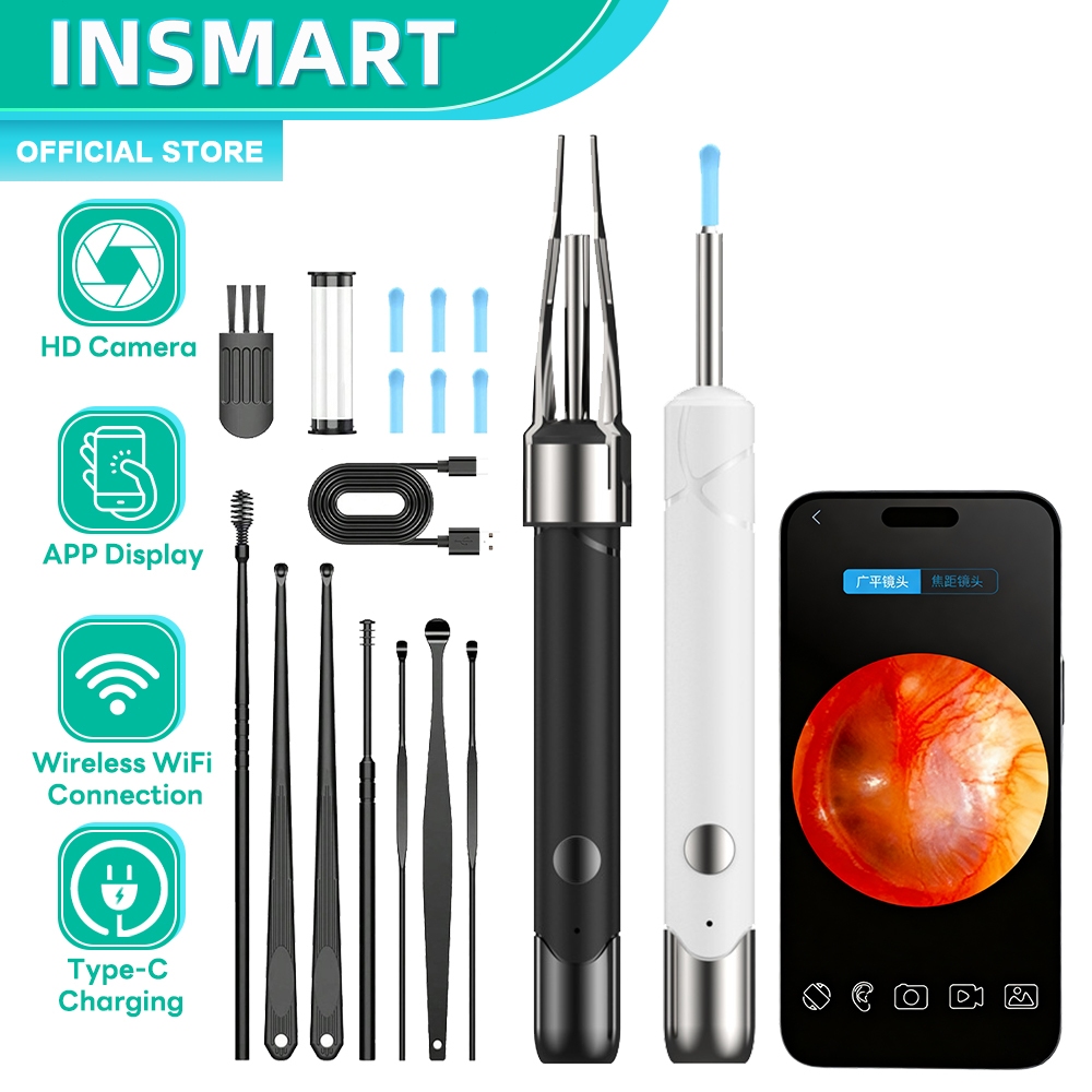 INSAMRT With Tweezers Visual Ear Pick Wireless WIFI Baby Ear Cleaner HD ...
