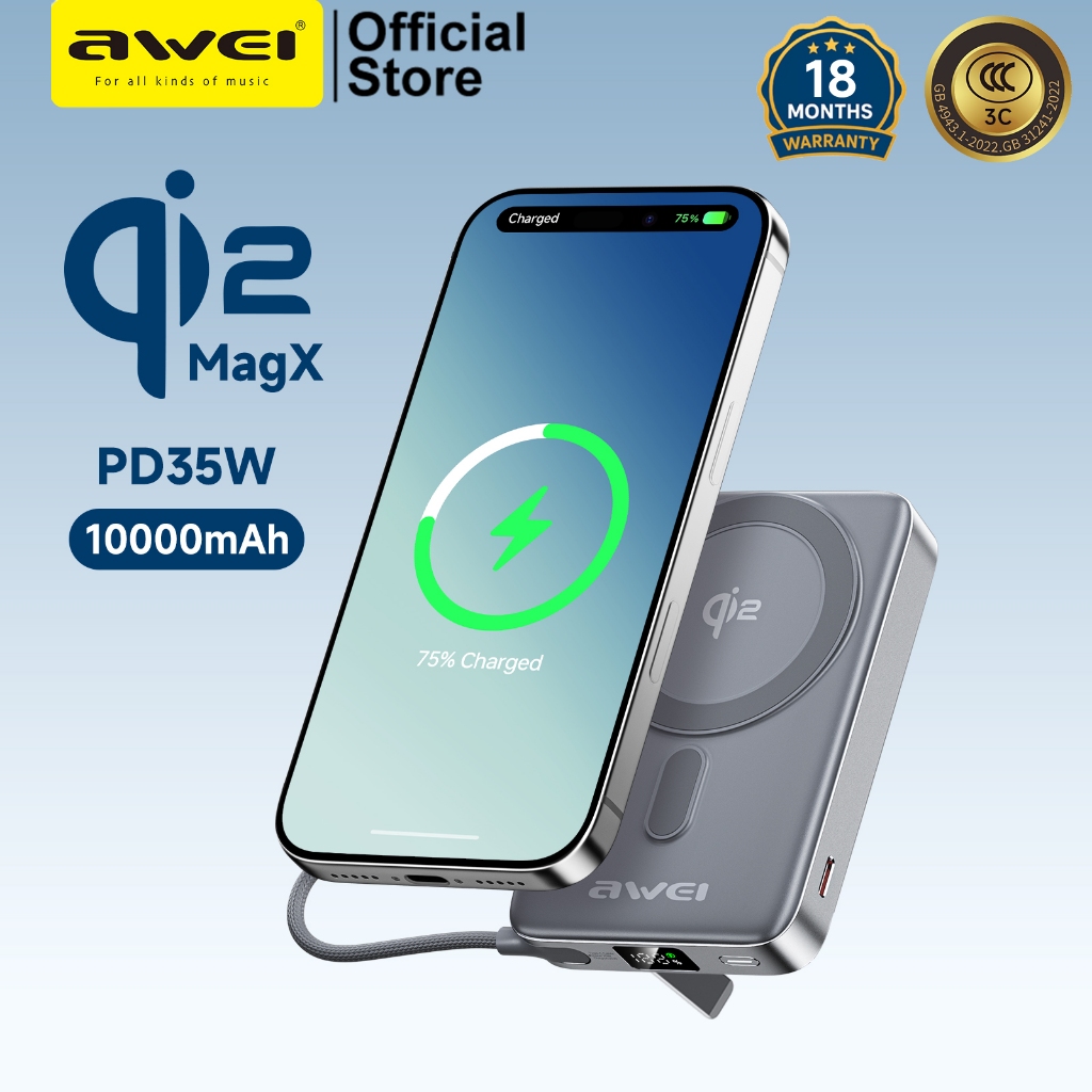 Awei MagX 35W Magnetic Powerbank 10000mAh Qi2 CCC Certified Wireless ...