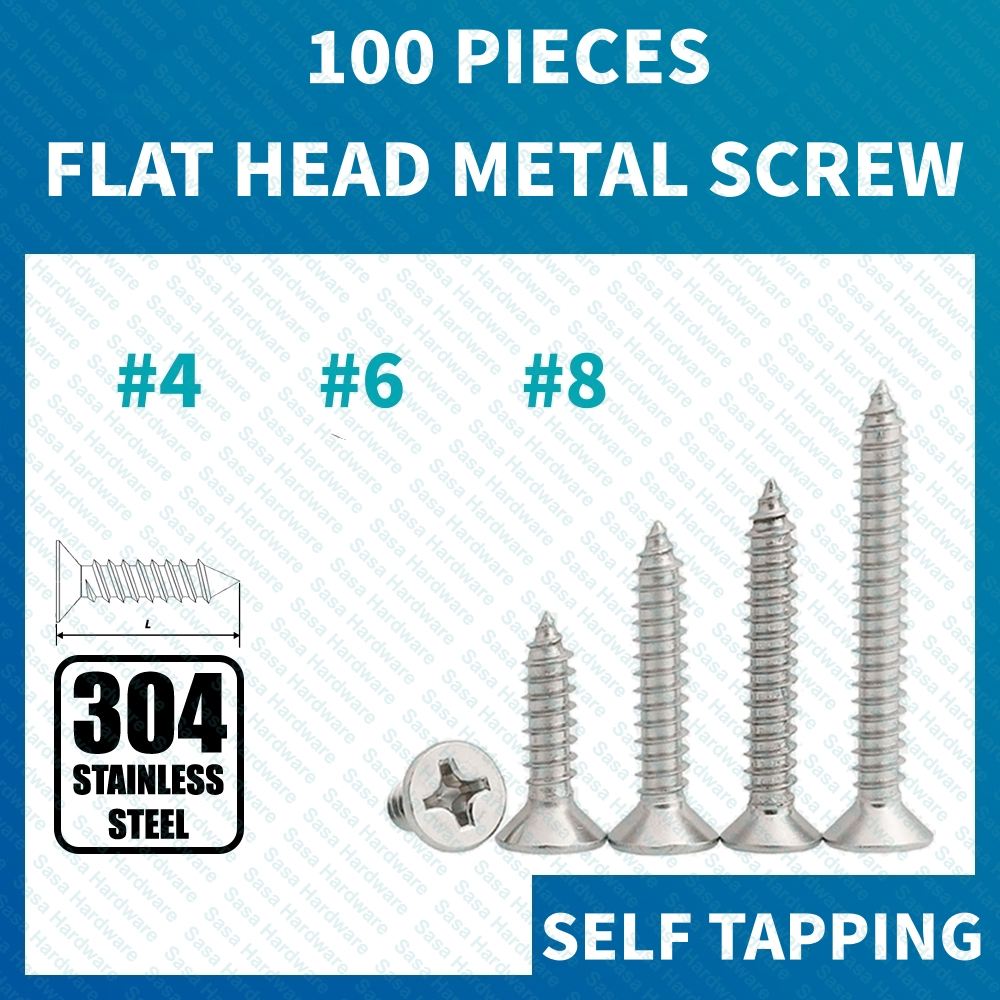 100pcs SS Flat head Metal Screw #4 #6 #8 / Self-Tapping (Stainless 304 ...