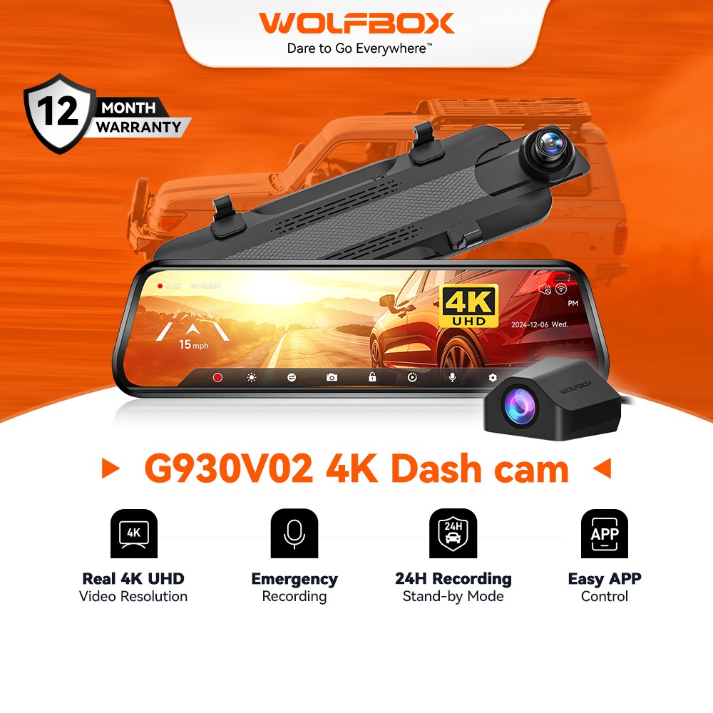 WOLFBOX G930 4K Dual Lens Mirror Dash Cam, GPS, 24H Parking View, Touch ...