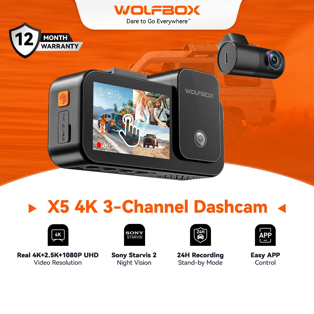 WOLFBOX X5 3 Channel 4K Dash Cam, STARVIS 2 IMX678,4K+2.5K+1080P Front ...