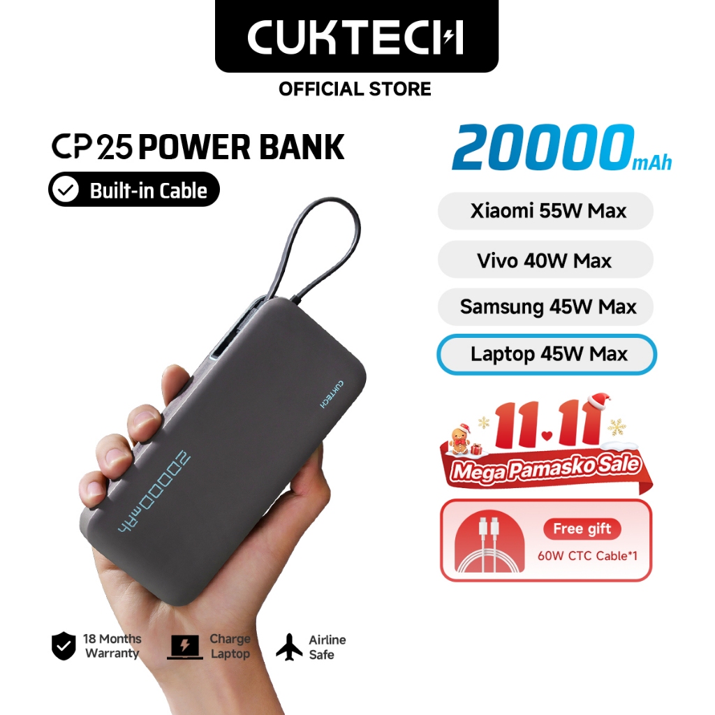 [CE Certified] CUKTECH PPS 55W 20000mAh Power Bank with Built-in Type C ...