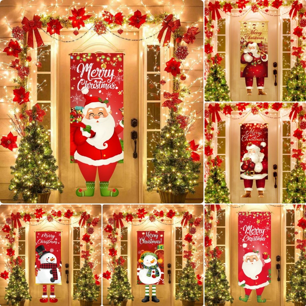 Merry Christmas Door Banner Santa Claus Snowman Hanging Flag Christmas ...