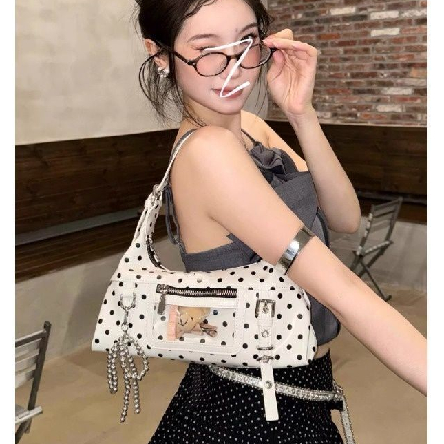 Retro Oil Wax Leather Contrast Color Polka Dot Underarm Bag | Shopee ...