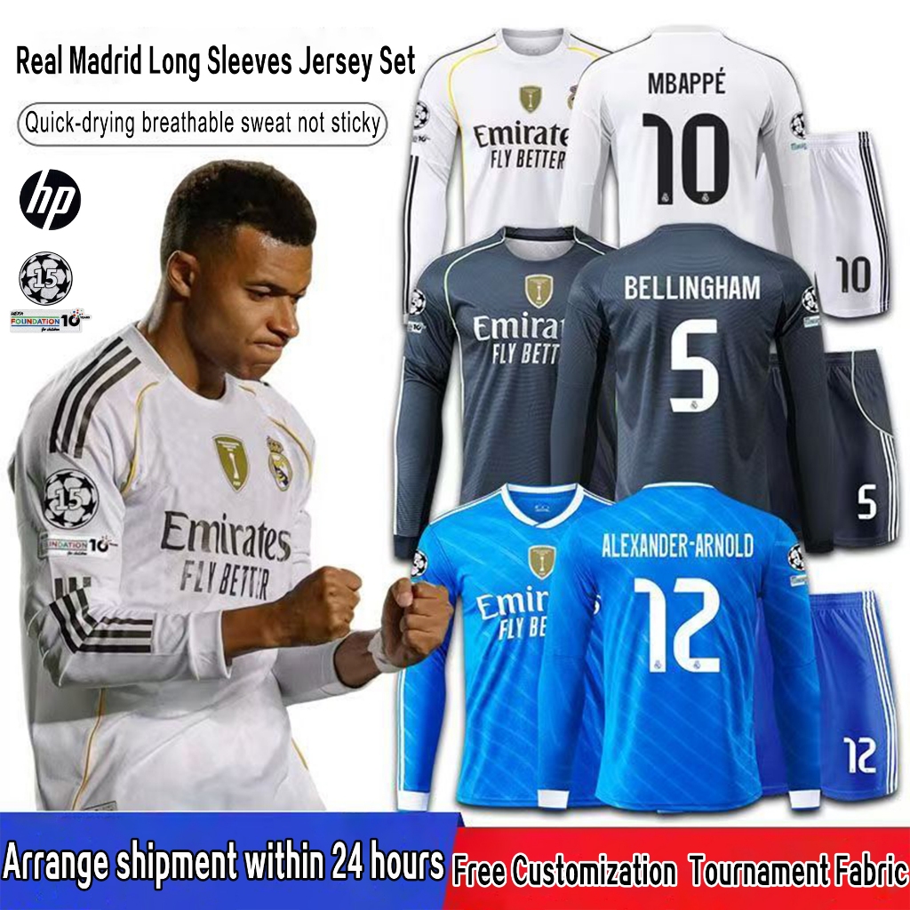 Kids Long-sleeve Football Jersey Kits 25-26 Season Home Real Madrid ...