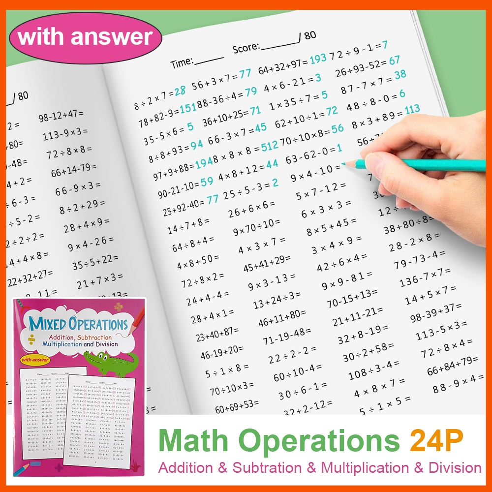 24 Page Mixed Math Operations Workbook Addition Subtraction ...
