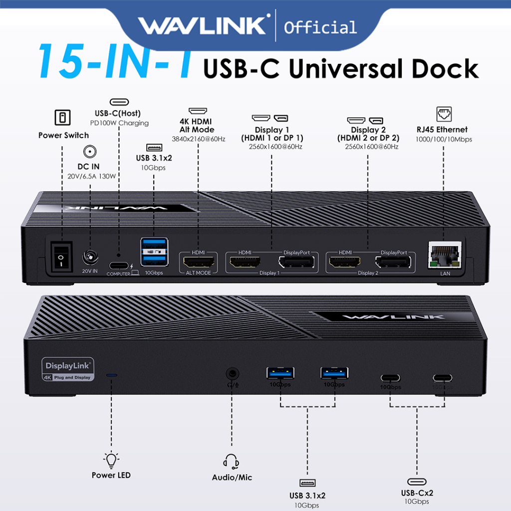Wavlink Triple Display Universal Docking Station 15-in-1 USB-C ...