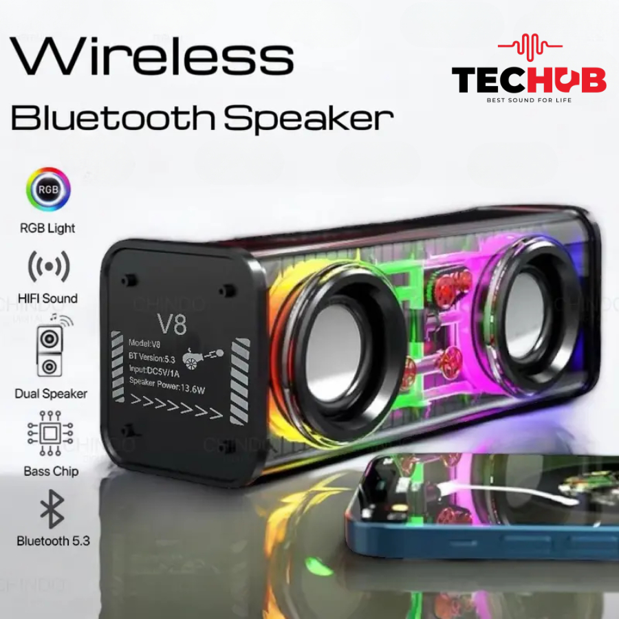V8 Transparent Mecha Bluetooth Speaker With Colorfull Led RGB, Wireless ...