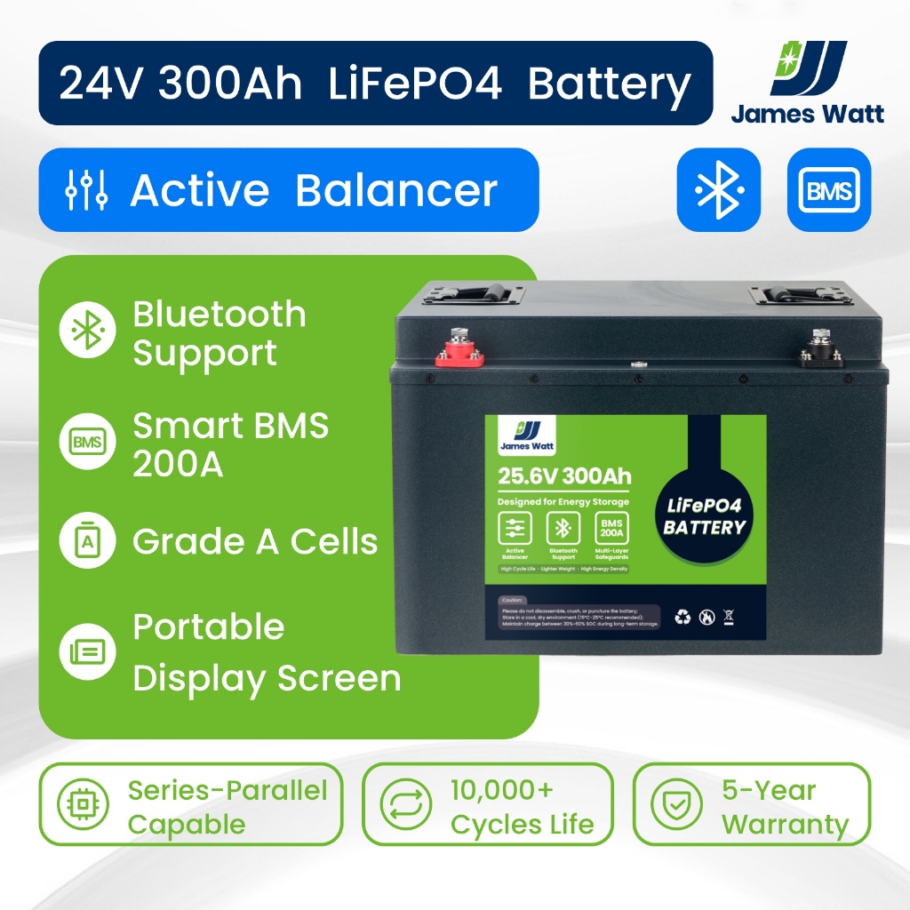 James Watt 24V 300Ah LiFePO4 Battery Active Balancer & Smart BMS 200A ...