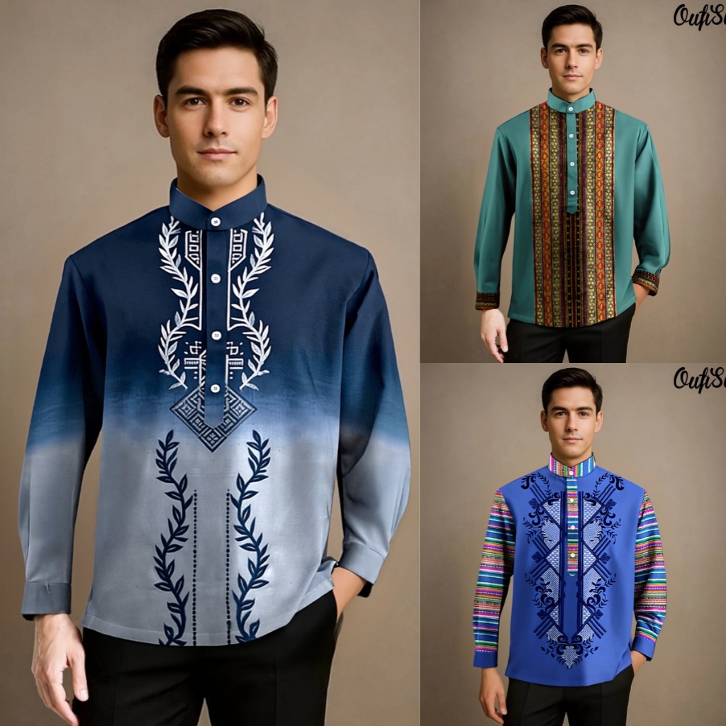 2025 Summer Outfit for Men Traditional Long Sleeves Barong Stand Collar ...