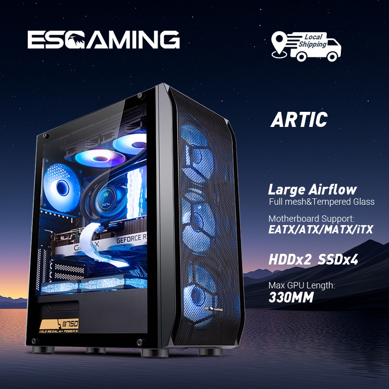 Esgaming Y03 Artic Black Casing Mesh Gaming Computer Chassis Tempered ...