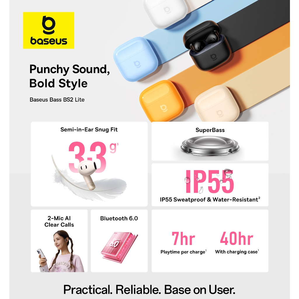 Baseus Bass BS2 Lite Wireless Earbuds 40h Playtime Semi-in-Ear ...