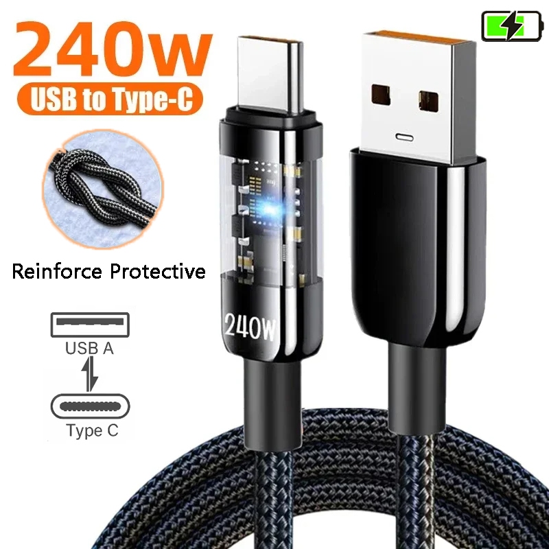 240W 10A Quick Charging USB C Cable Nylon Braided Transparent USB to ...
