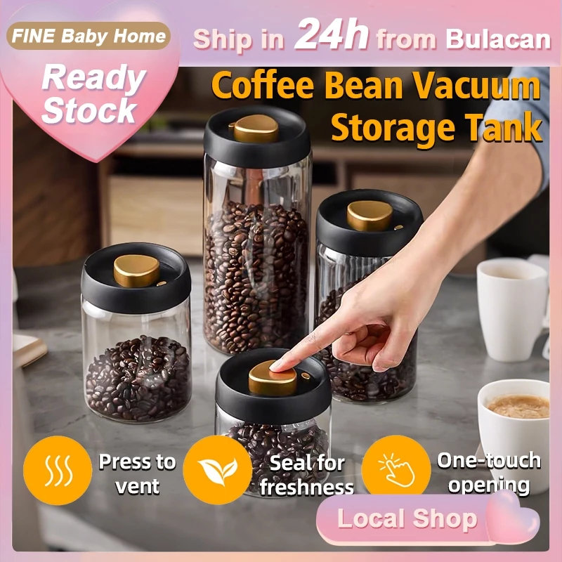 【Ship in 24h】Coffee Bean Vacuum Seal Jar Clear Glass Food Container ...