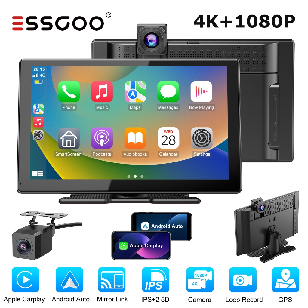 ESSGOO 9" INCH Dual Record 4K & 1080P Dual Record Portable Car Player ...