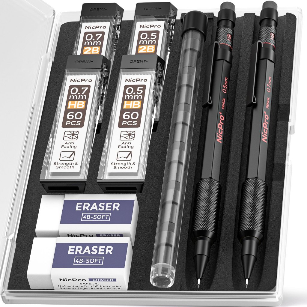 Nicpro 2PCS Metal Mechanical Pencils Set in 0.5 & 0.7 mm, Professional ...