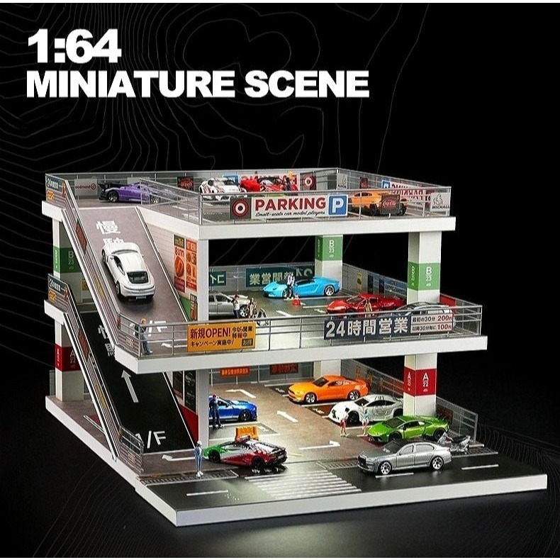1/64 Diorama Diecast Garage Model LED Multi-Story Parking Lot Scene ...