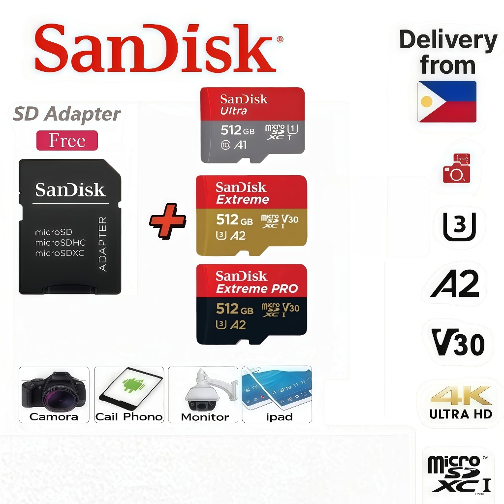 SanDisk 512GB MicroSD Card 3 Types: Extreme Pro V30 A2 | Extreme U3 A2 ...