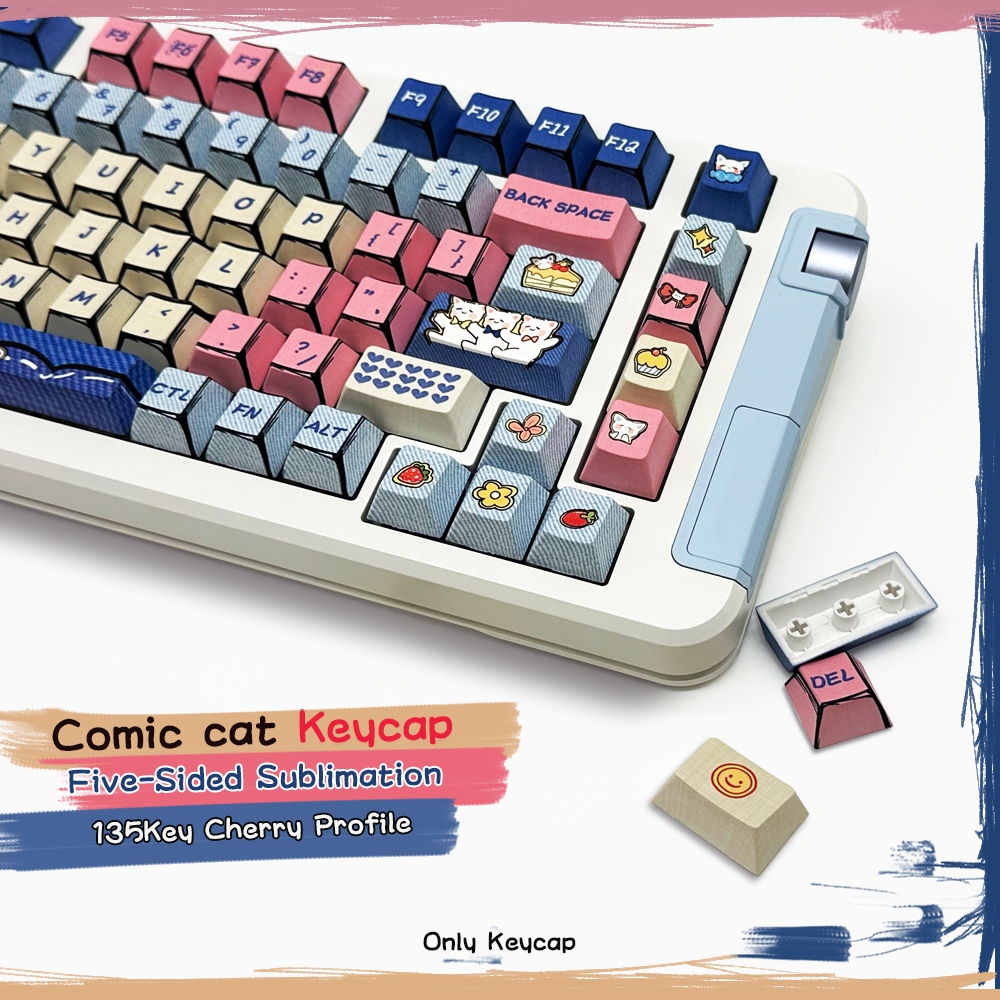 Comic Cat Keycaps 135Keys/Set Five-sided Sublimation PBT Cherry Profile ...