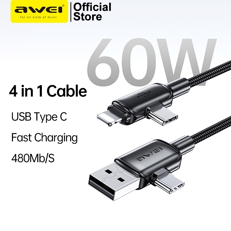 Awei 2M 4 In 1 Fast Charging Cable 60W Type C USB Nylon Braided Cable ...