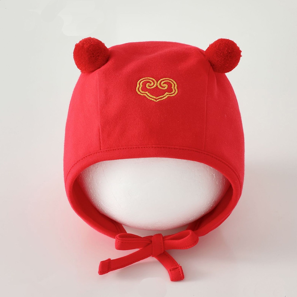 Newborn Baby Pure Cotton Braised Door Hat Male Female Baby Red Double ...