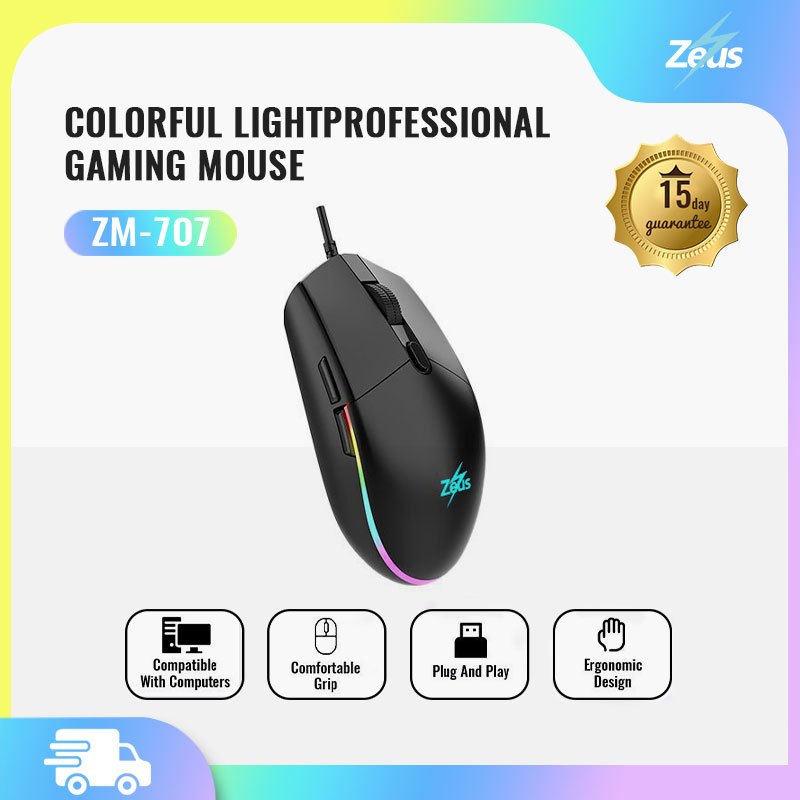 Zeus ZM707 Luminious LED Gaming Mouse 7 Color RGB Lighting 5 DPI Mode ...