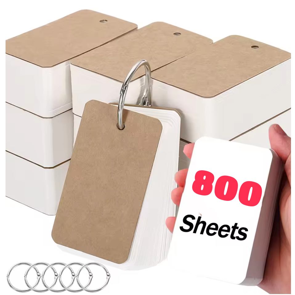 100-800Sheets Blank Flash Cards with Rings Study Note Memo Pad Kraft ...