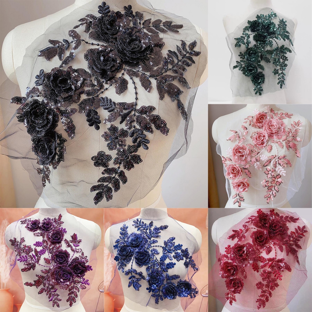 1 Piece Pink Embroidery Lace Flowers Patch Handmade Repair 38*25CM ...