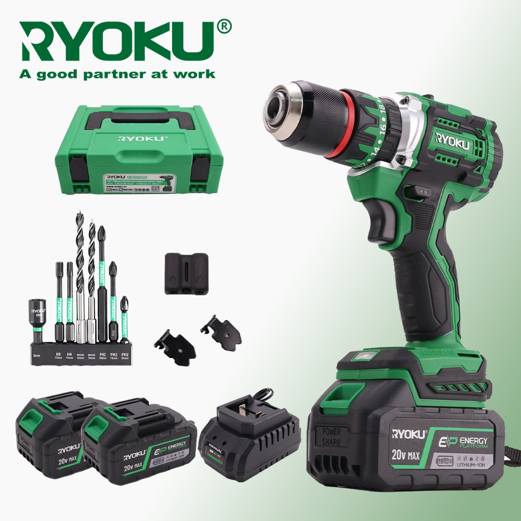 RYOKU Cordless Drill 20V 2.6ah Brushless Impact Drill 13MM impact Drill ...