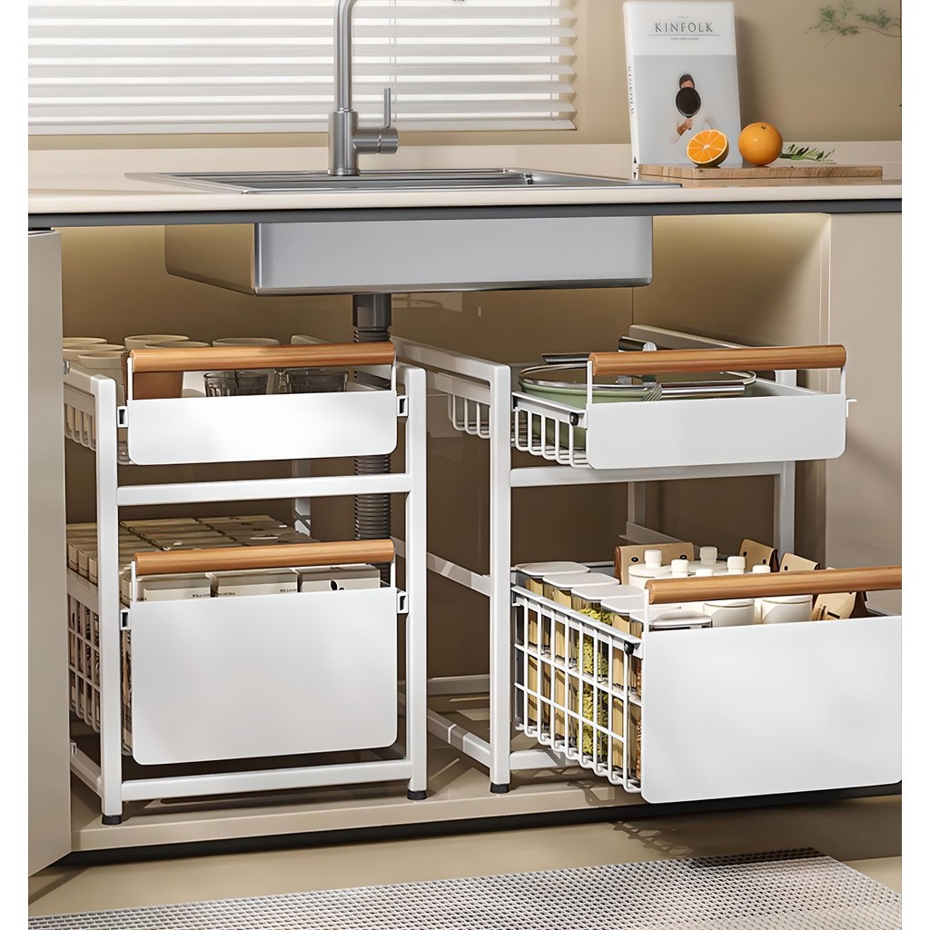 Kitchen Cabinet Pullout Basket Rack With Wooden Handle Kitchen Shelf ...