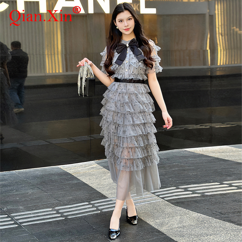2026 New Style Gauze Polka Dot Dress Classy Bow Fairy Skirt Layer ...