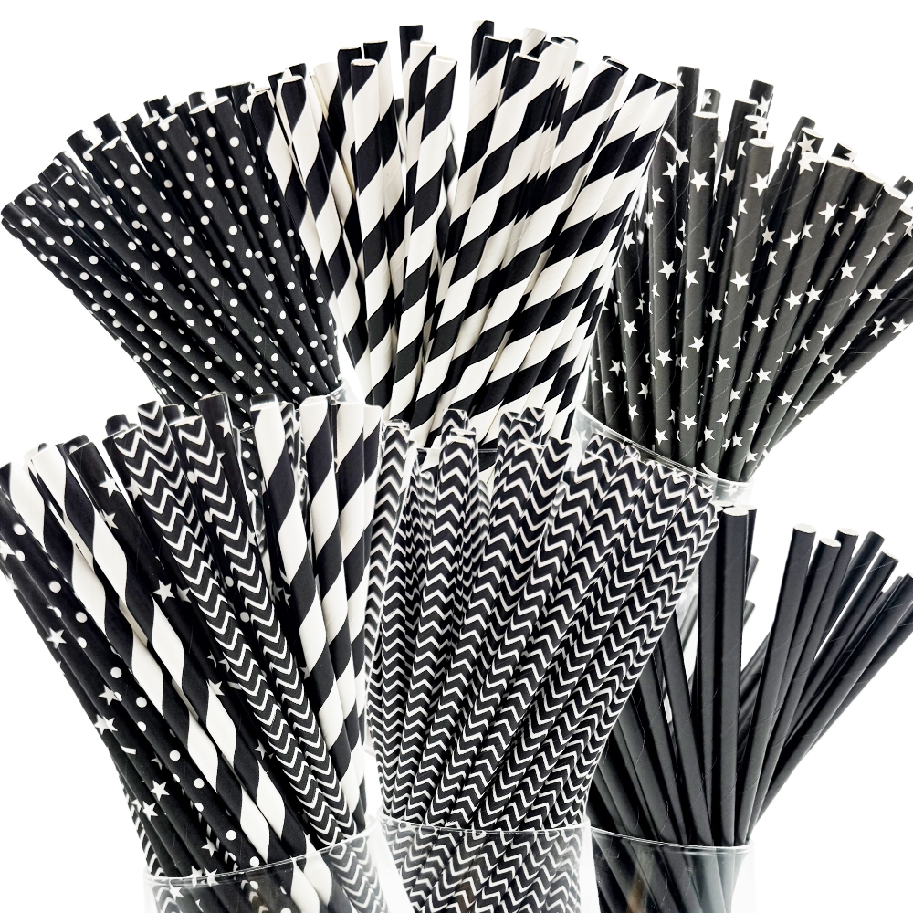 100-pack Black Series Paper Straws, assorted printed designs, party ...