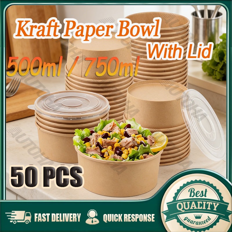 Paper Salad Round Bowl with Lid Disposable 50 Pcs Kraft Paper Salad ...