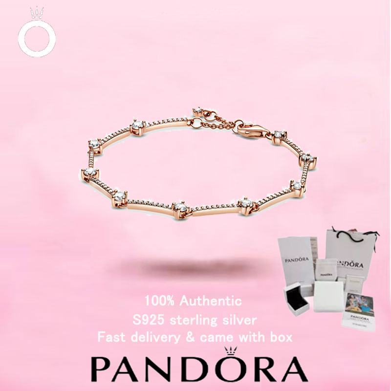 （75）New PANDORA Rose Gold Serier Sparkling Pavé Bars Bracelet (Includes ...