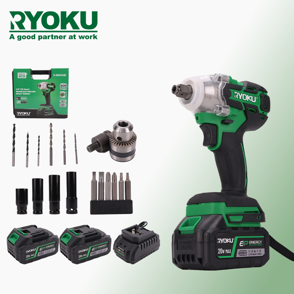 RYOKU 20V Cordless Impact Wrench 500N.M Brushless Wrench With Toolbox ...