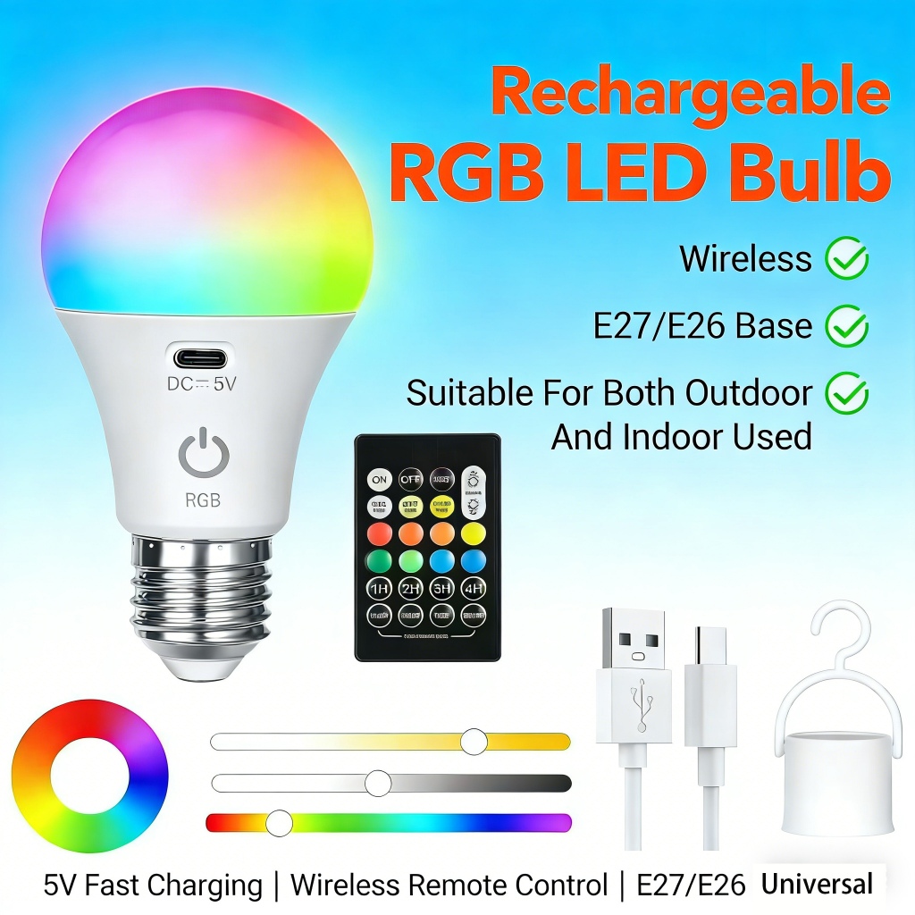 9 Colors Rechargeable RGB LED Bulb丨USB Charging Emergency Light丨Touch ...