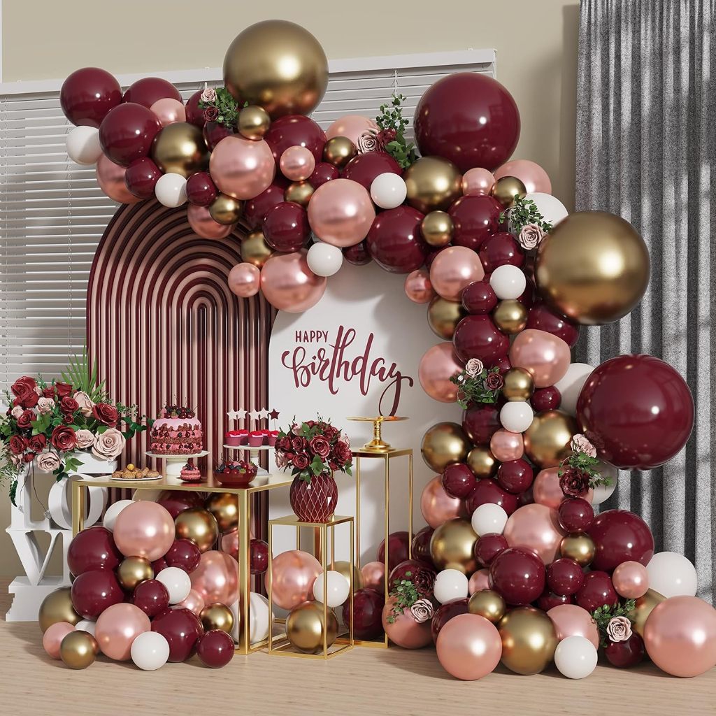 Local 131pcs Burgundy Metallic Chrome Gold Latex Balloons Party ...