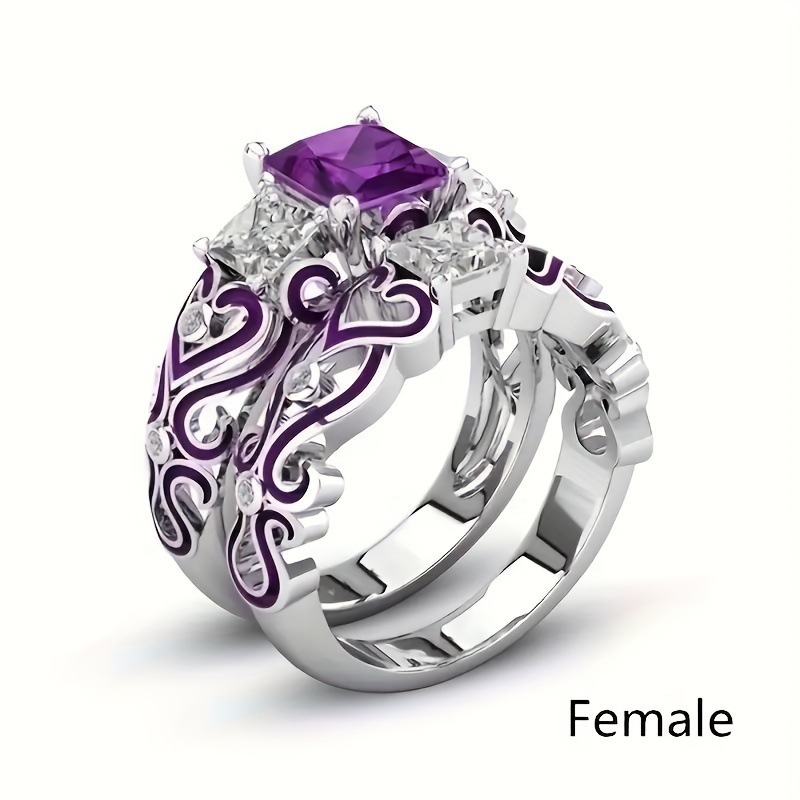 Fashionable purple square zircon patterned ring retro personalized ring ...