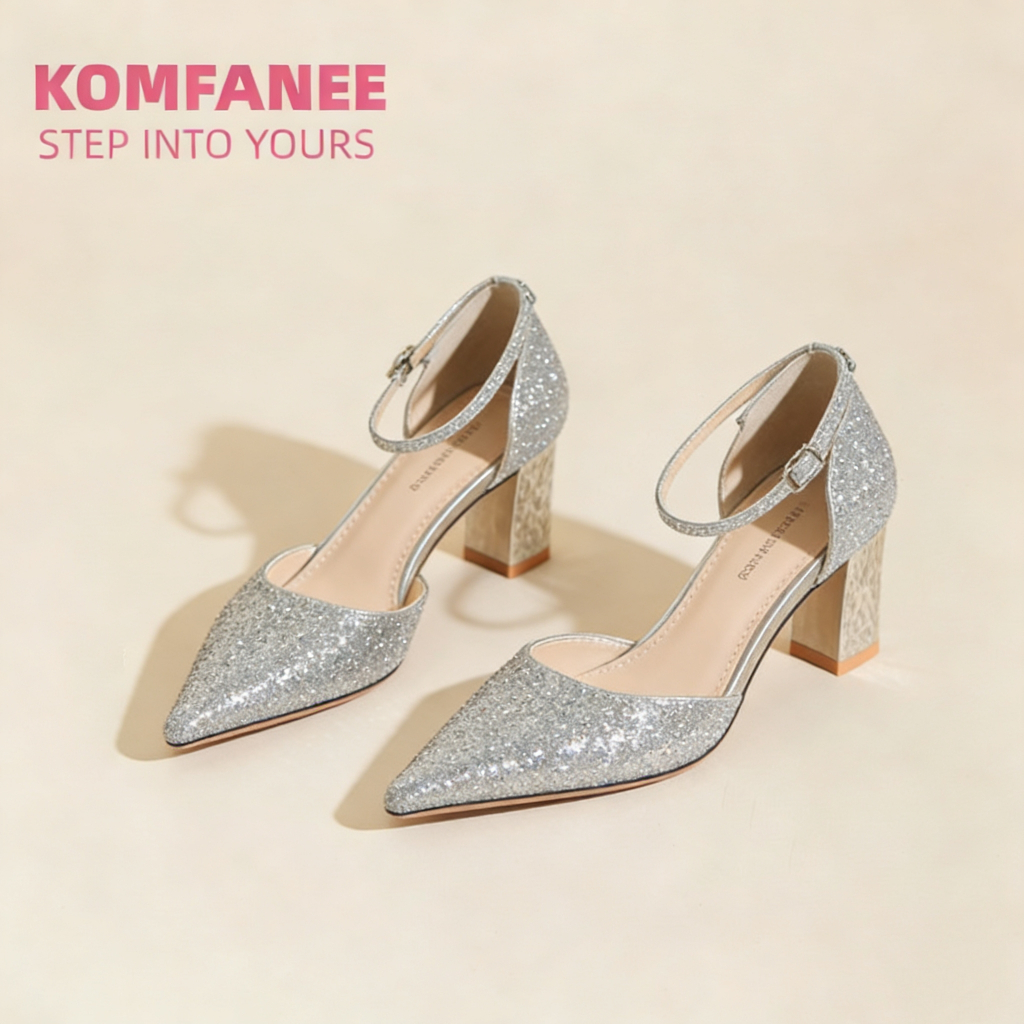 Fashion pointed toe sandals women's chunky heels elegant silver high ...