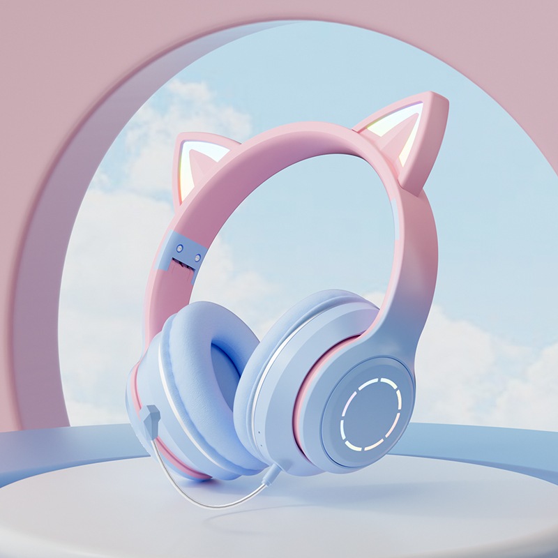Cat ear Bluetooth / Wired Headphones Foldable RGB Wireless HIFI Music ...
