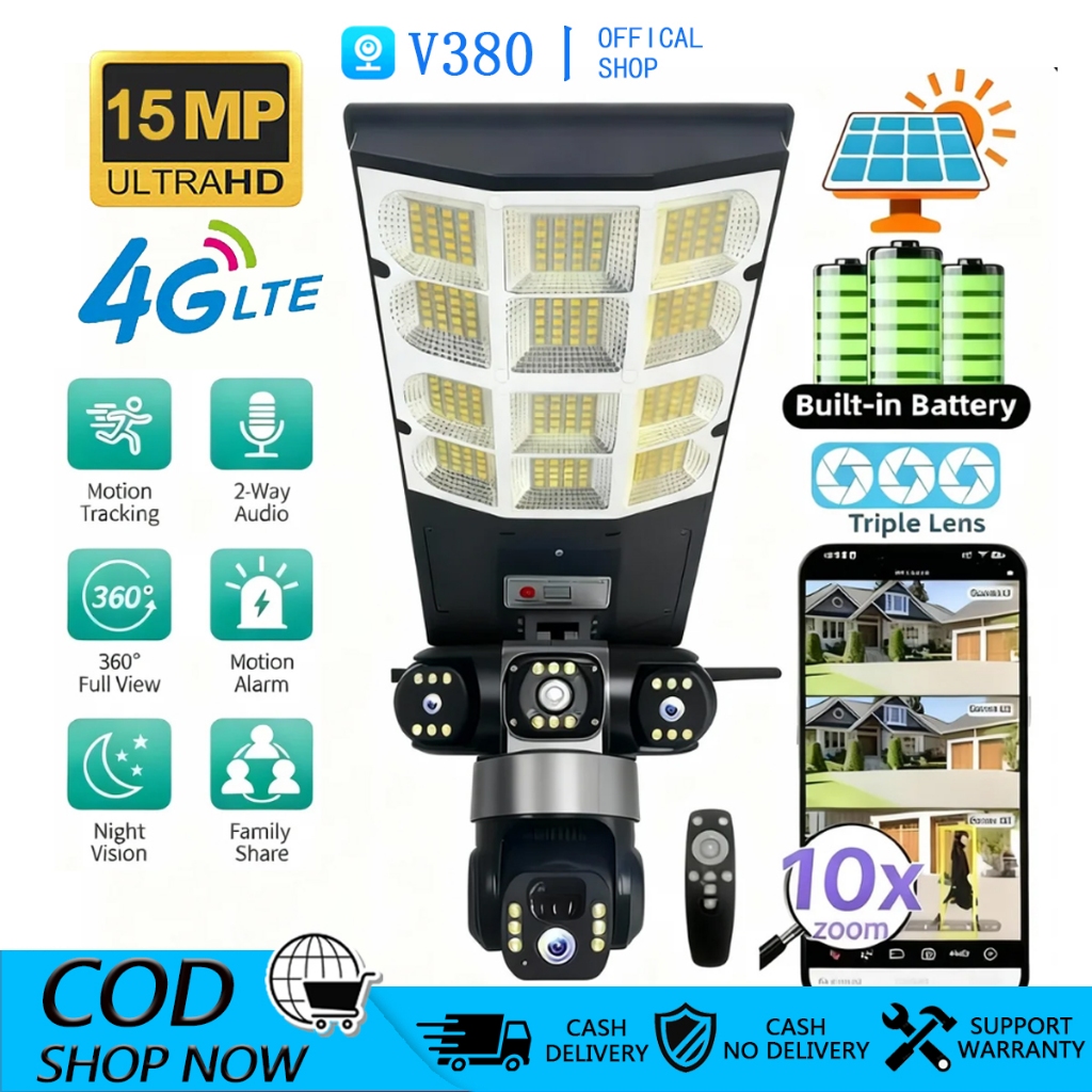 V380PRO Solar Streetlight Three Lens 4G Camera Built in Battery ...