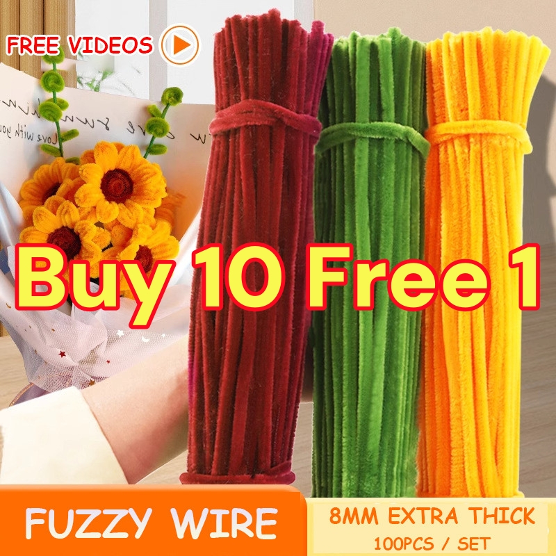 8mm Extra Thick Fuzzy Wire Set 100Pcs Plush Flower Kit DIY Artificial ...
