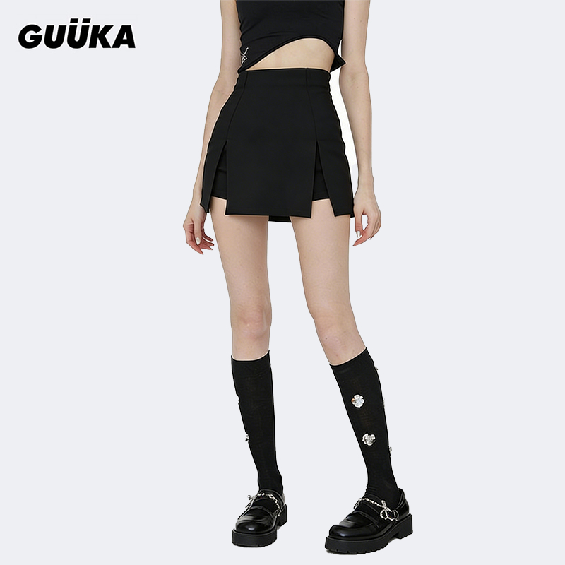 Guuka High Waist Double Split Skirt Mini Skirt with Built-in Shorts ...