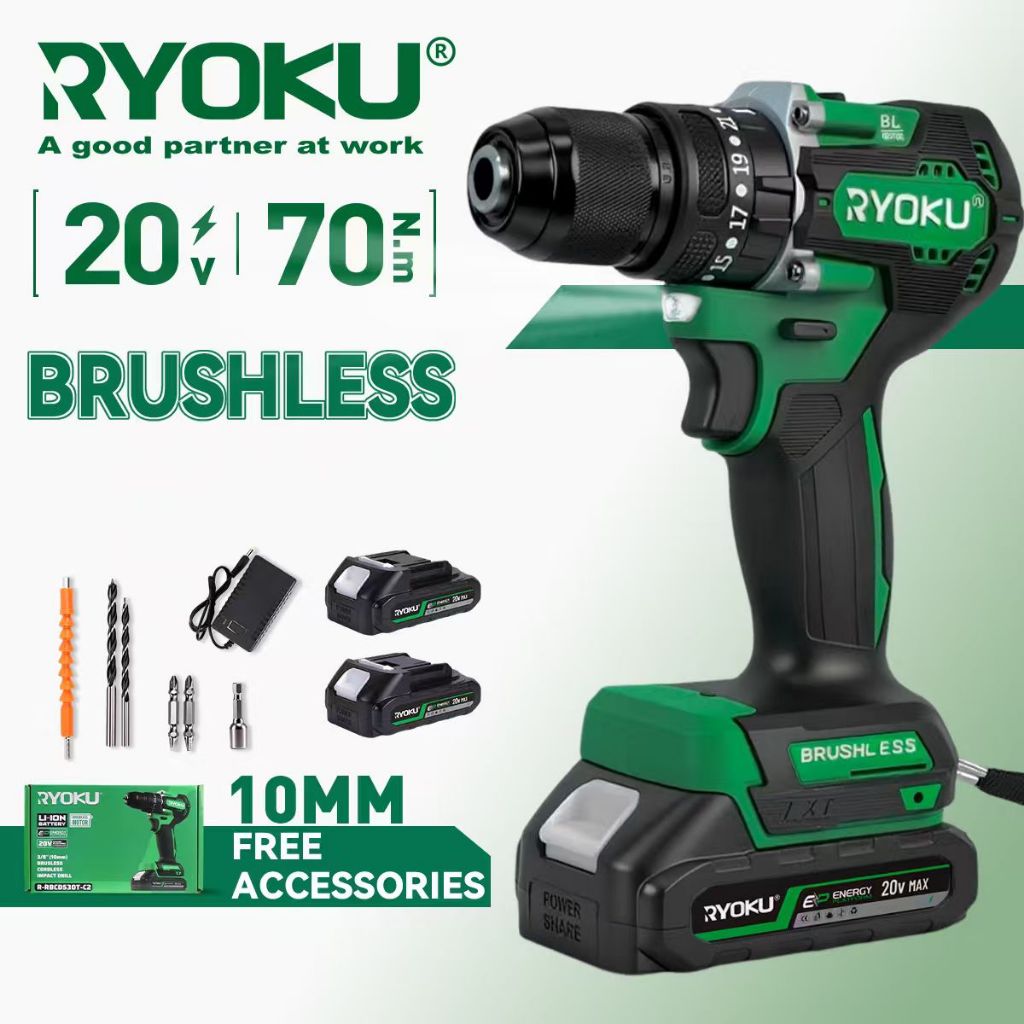 RYOKU 10mm Brushless Cordless Drill Impact drill With Free Two ...