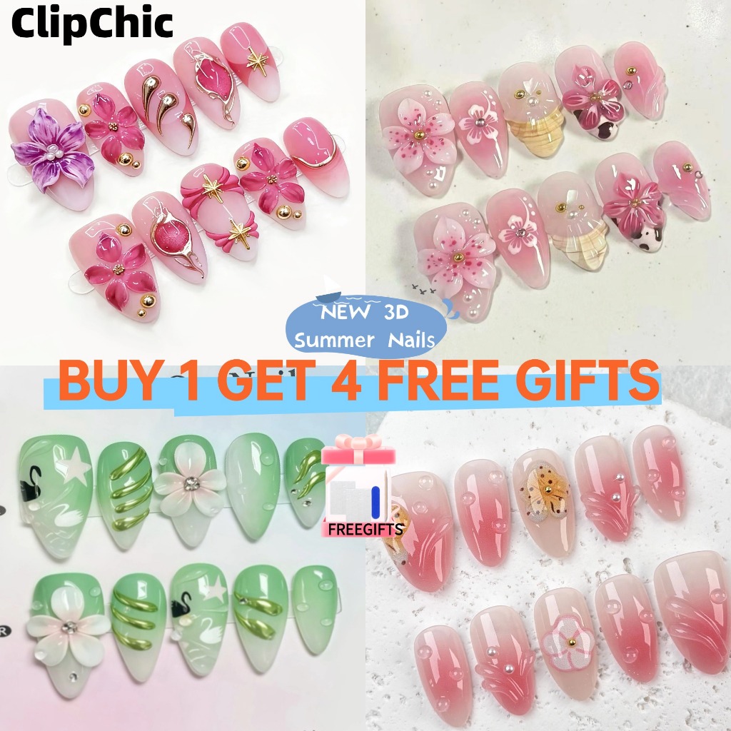 New 3D Handmade Summer Nail Art Short Almond Nails Reusable Wearable ...
