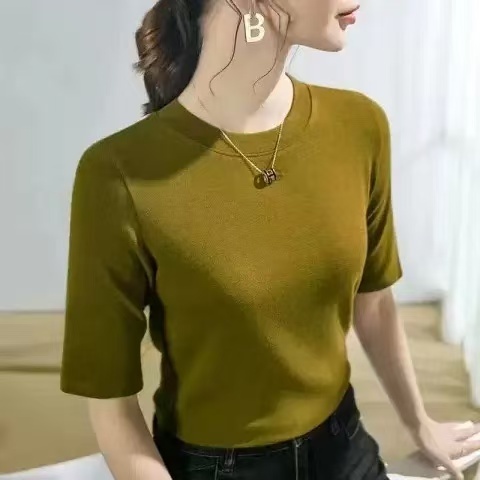 Korean Style Women Ladies Five inch Sleeve T-shirt Solid Color interior ...